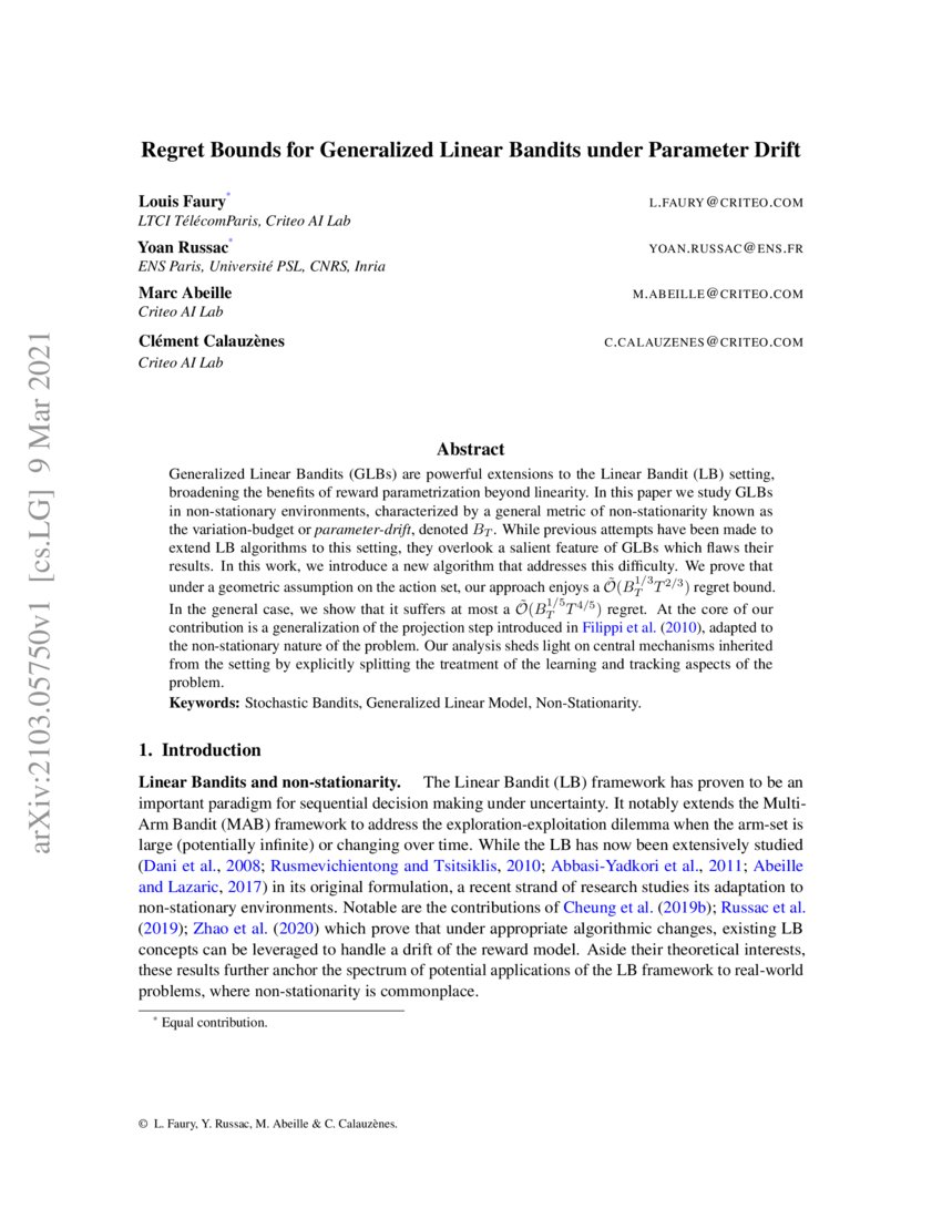 Regret Bounds for Generalized Linear Bandits under Parameter Drift | DeepAI