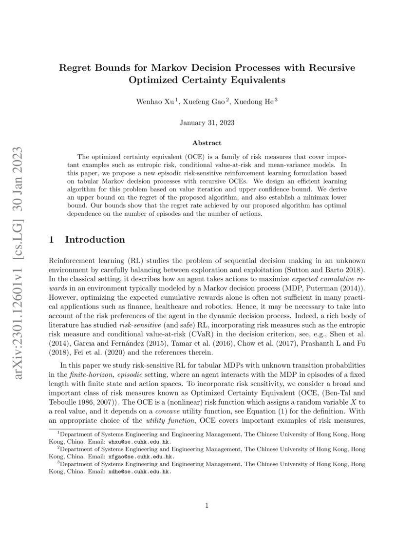 Regret Bounds for Markov Decision Processes with Recursive Optimized ... Regret Bounds for Markov Decision Processes with Recursive Optimized ...
