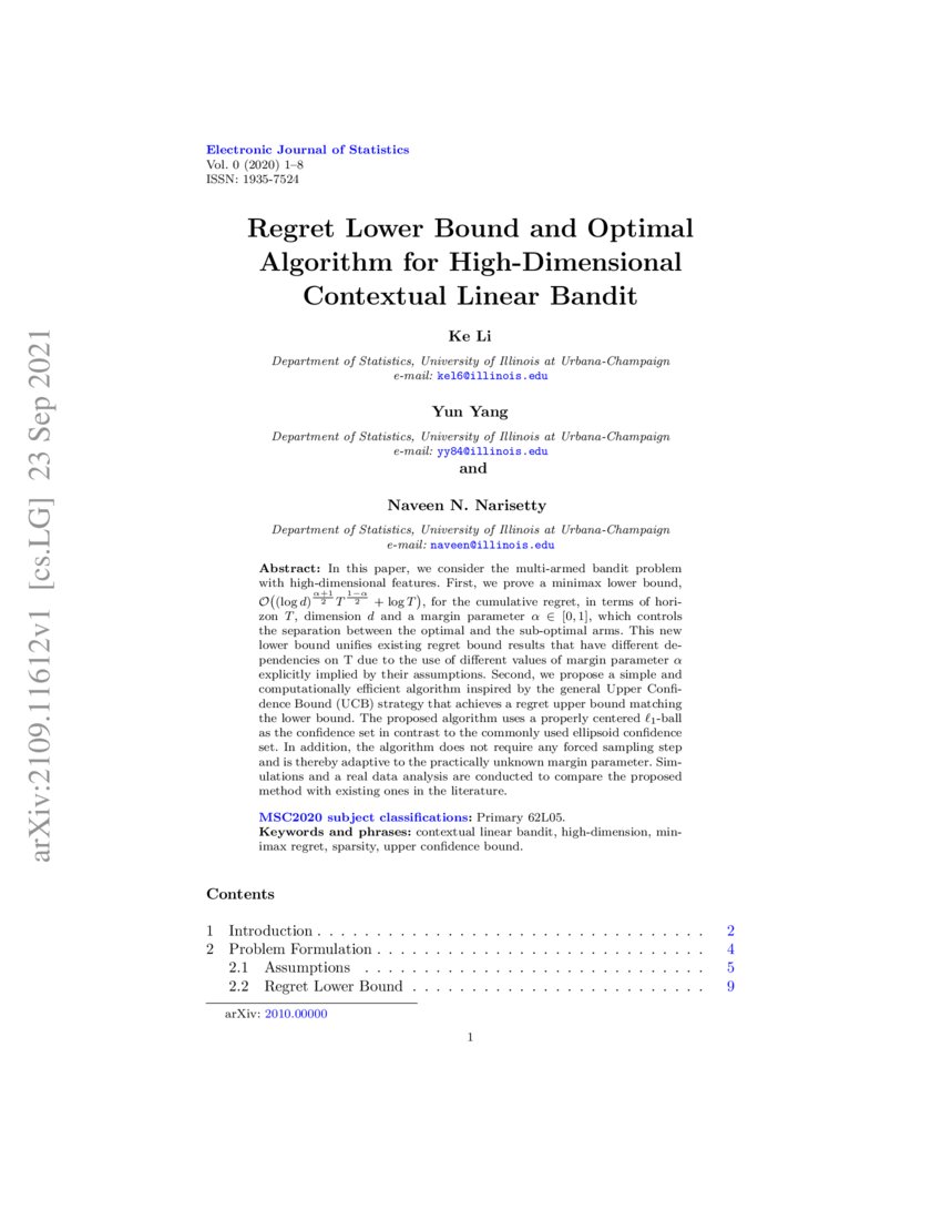 Regret Lower Bound And Optimal Algorithm For High Dimensional Contextual Linear Bandit Deepai 
