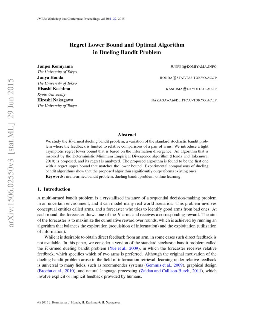 Regret Lower Bound And Optimal Algorithm In Dueling Bandit Problem Deepai 7719