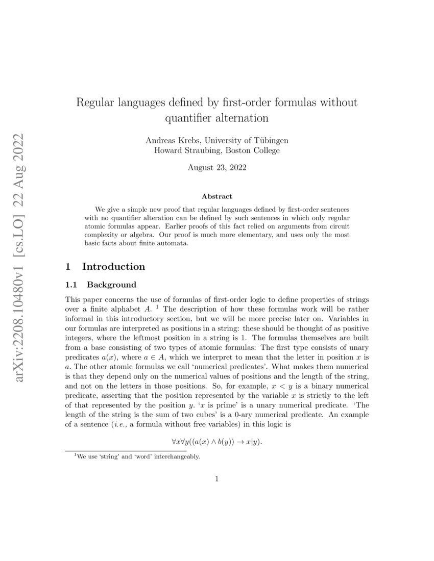 Regular languages defined by first-order formulas without quantifier ... Regular languages defined by first-order formulas without quantifier ...