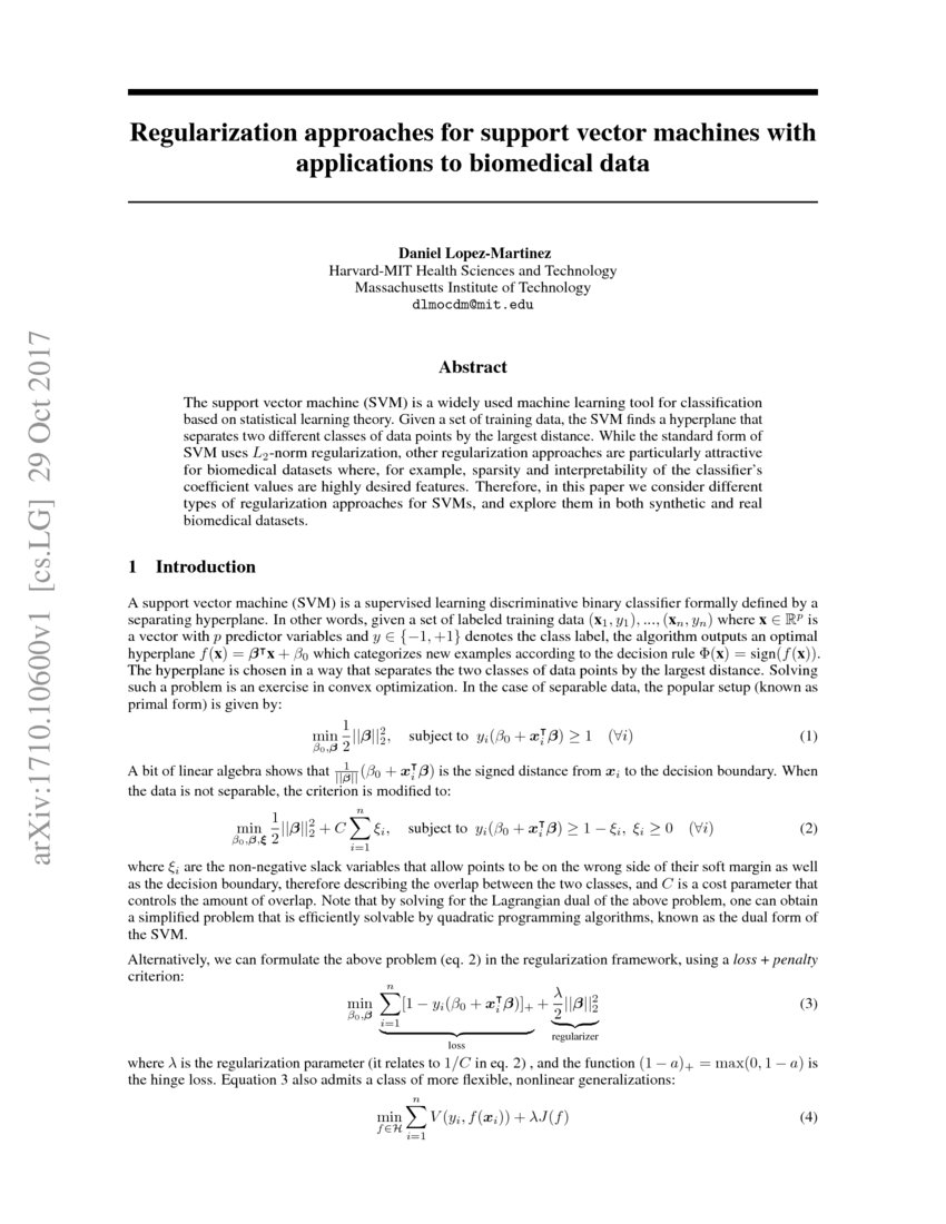 Regularization approaches for support vector machines with applications ...