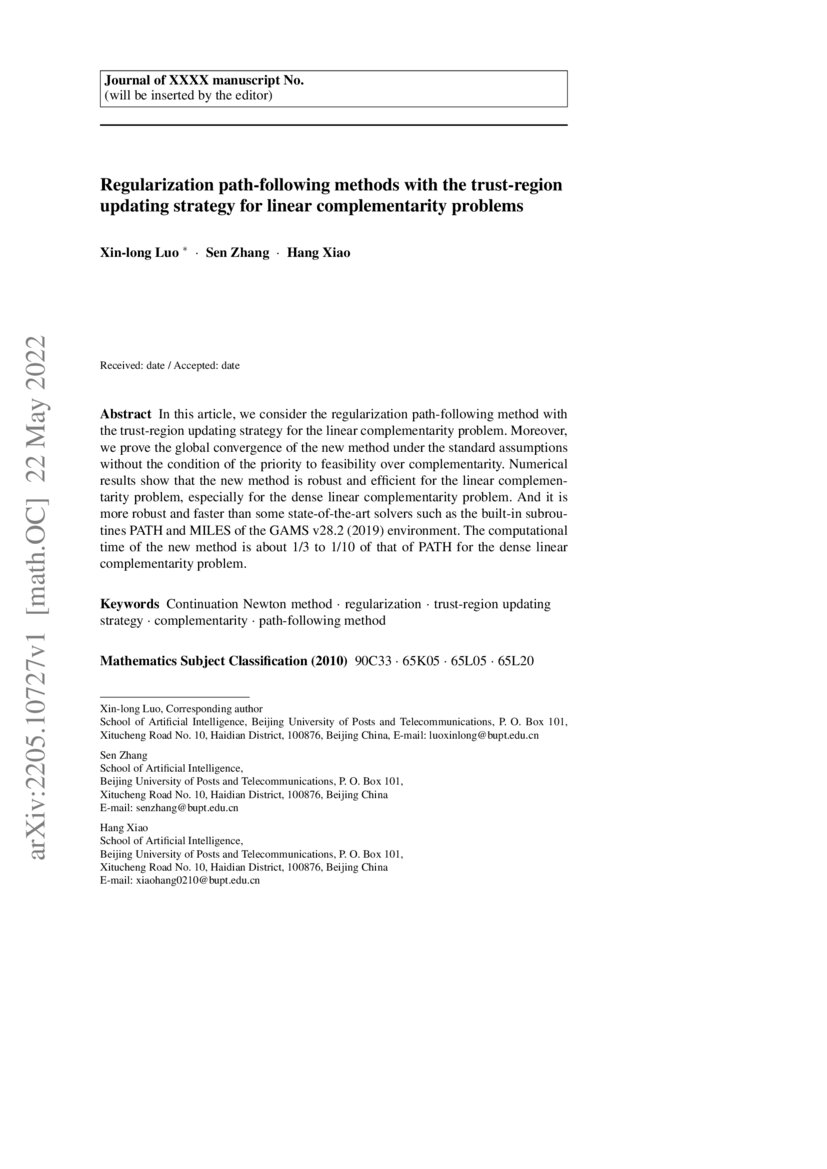 Residual Regularization Path Following Methods For Linear Complementarity Problems Deepai