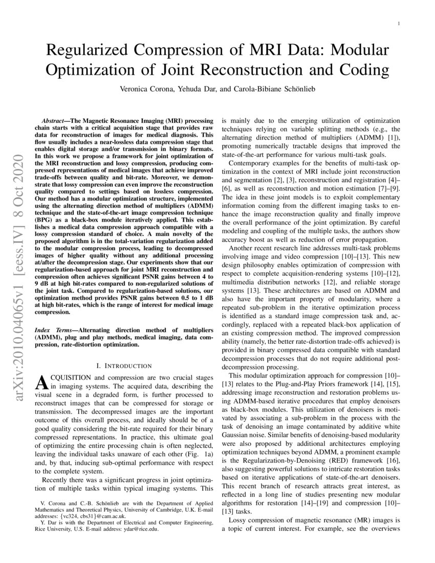 Regularized Compression of MRI Data: Modular Optimization of Joint Reconstruction and Coding ...