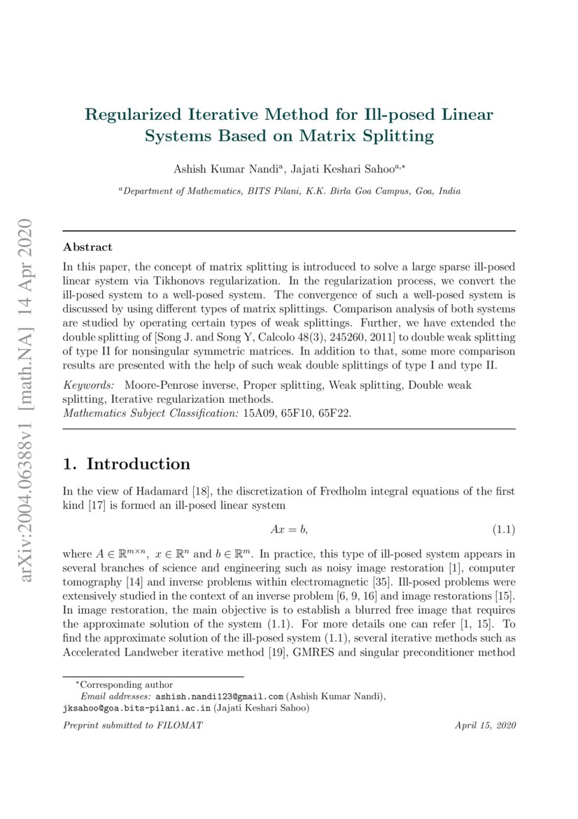 Regularized Iterative Method For Ill Posed Linear Systems Based On Matrix Splitting Deepai 2596