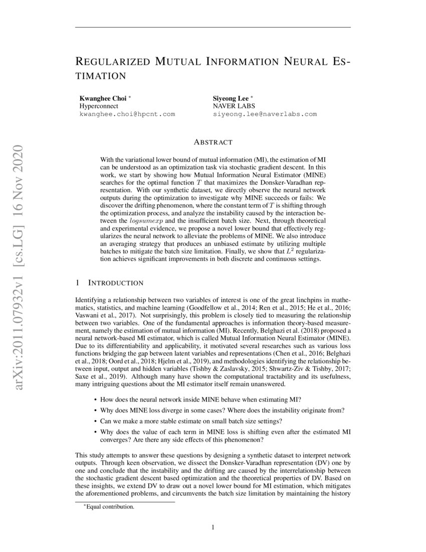 Regularized Mutual Information Neural Estimation | DeepAI