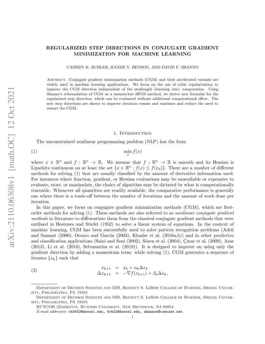 Regularized Step Directions in Conjugate Gradient Minimization for Machine Learning | DeepAI