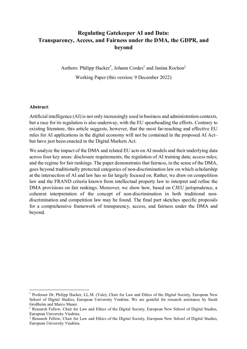 Regulating Gatekeeper AI and Data: Transparency, Access, and Fairness under the DMA, the GDPR ...