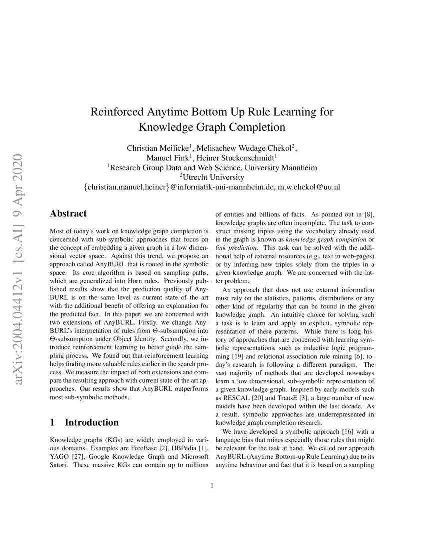 Reinforced Anytime Bottom Up Rule Learning for Knowledge Graph Completion | DeepAI