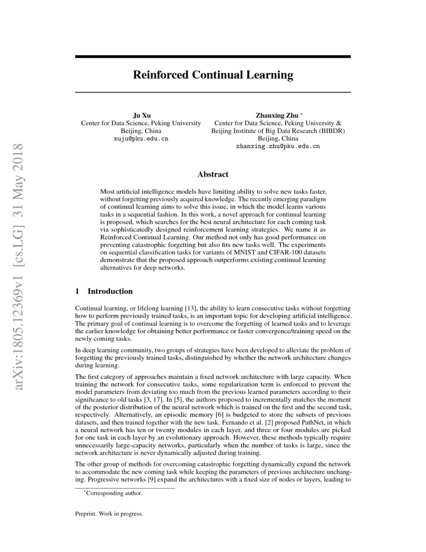 Reinforced Continual Learning | DeepAI