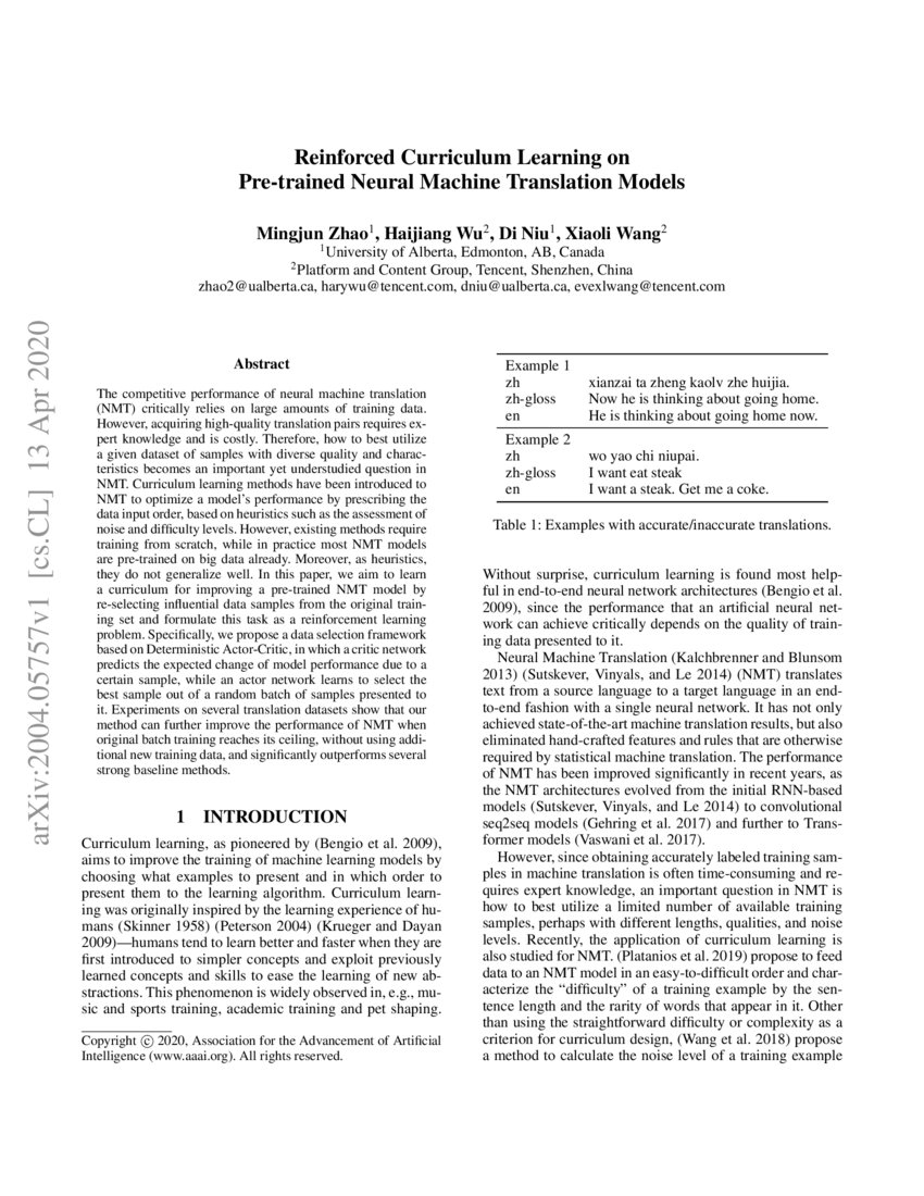 Reinforced Curriculum Learning on Pre-trained Neural Machine ...