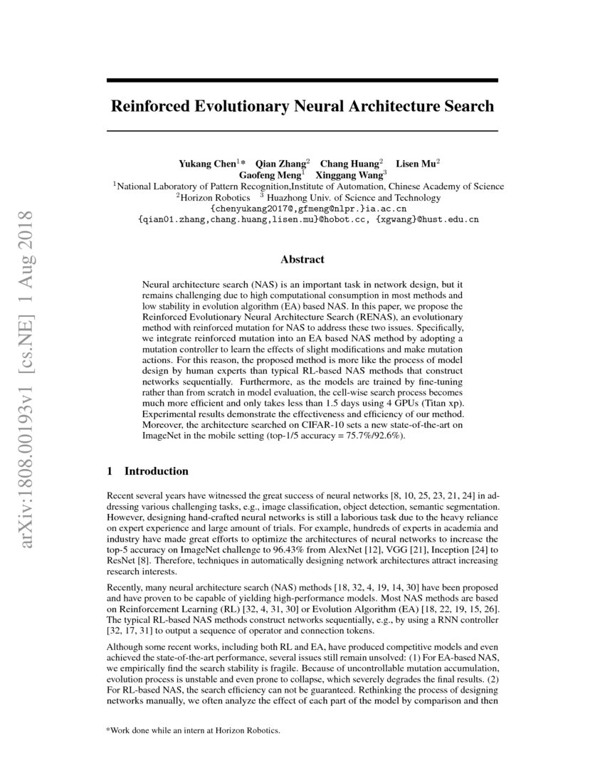 Reinforced Evolutionary Neural Architecture Search | DeepAI