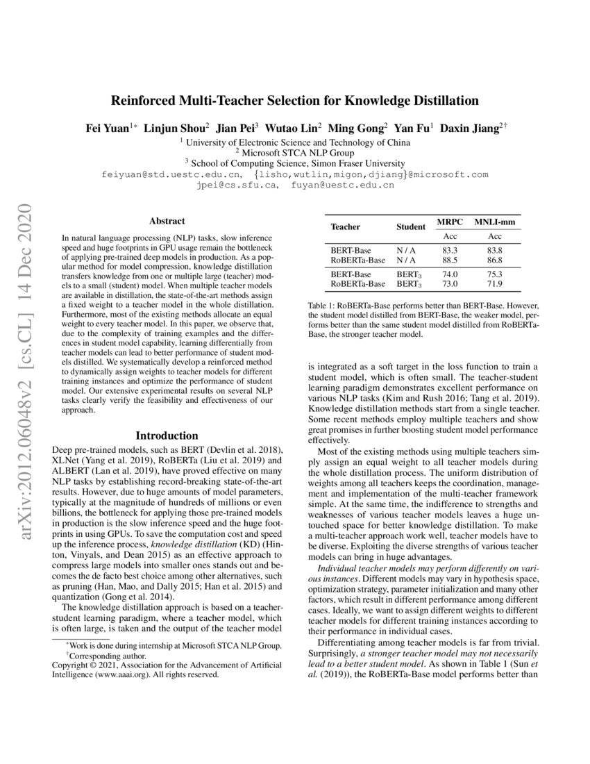 Reinforced Multi-Teacher Selection for Knowledge Distillation | DeepAI