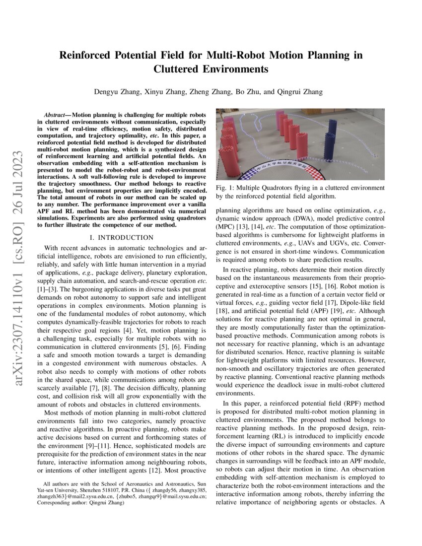 Reinforced Potential Field For Multi Robot Motion Planning In Cluttered