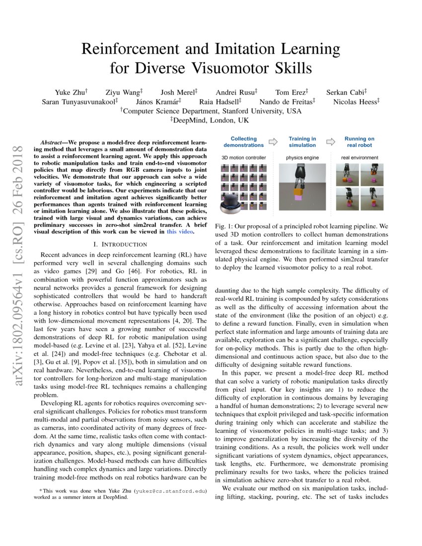 Reinforcement and Imitation Learning for Diverse Visuomotor Skills | DeepAI