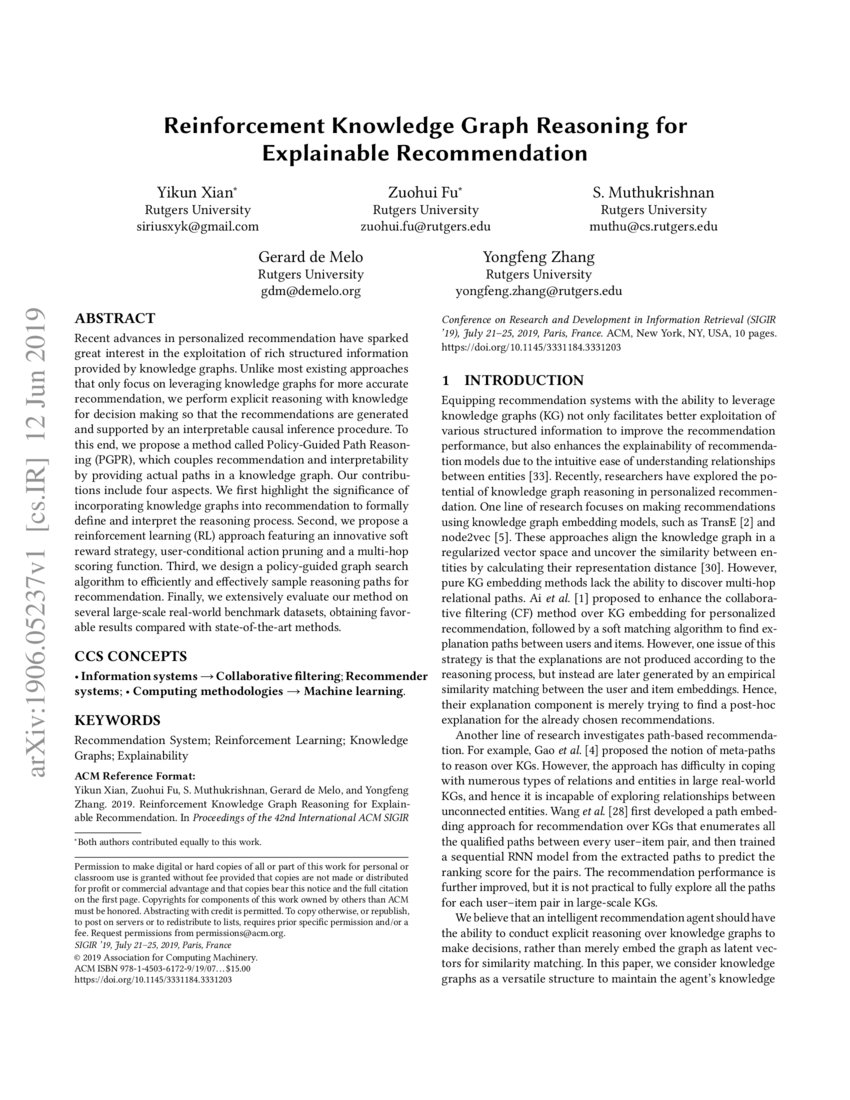 Reinforcement Knowledge Graph Reasoning for Explainable Recommendation ... Reinforcement Knowledge Graph Reasoning for Explainable Recommendation ...