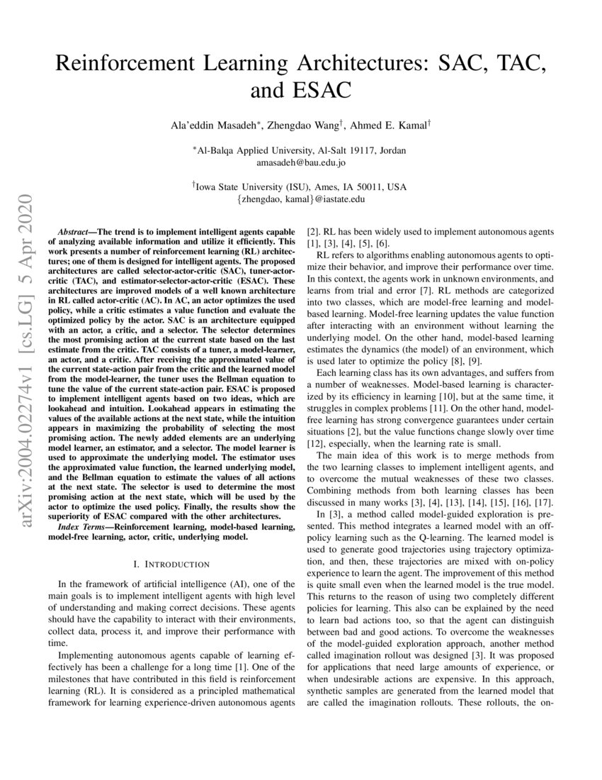 Reinforcement Learning Architectures: SAC, TAC, and ESAC | DeepAI