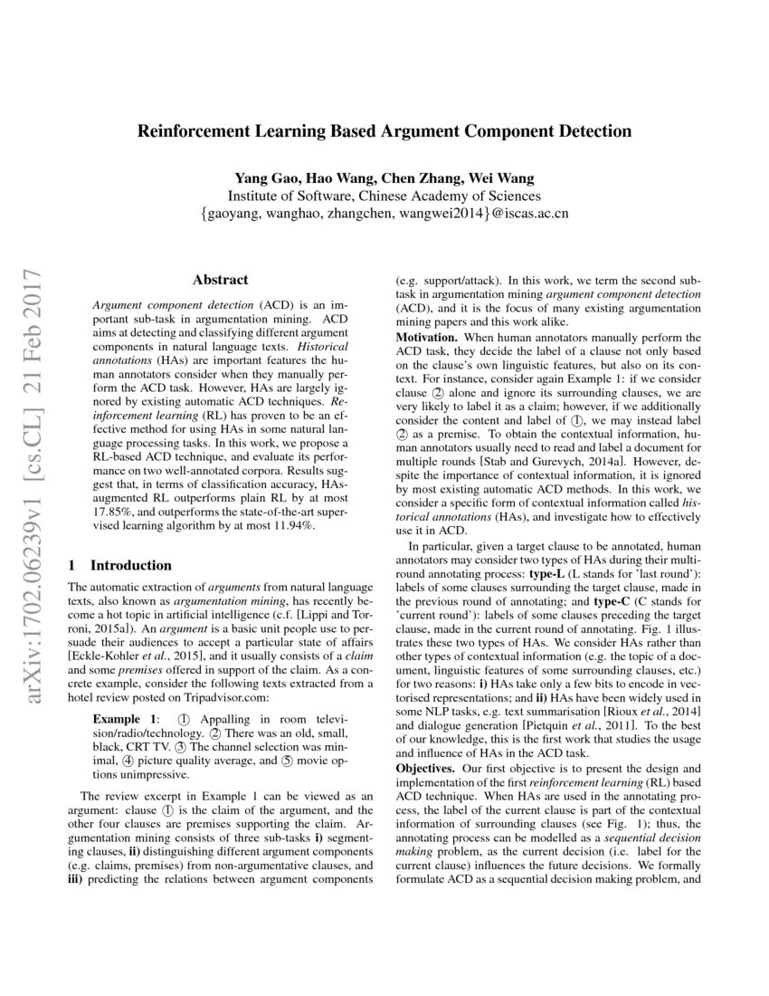 Reinforcement Learning Based Argument Component Detection Deepai