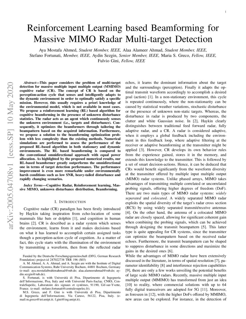 Reinforcement Learning Based Beamforming For Massive Mimo Radar Multi Target Detection Deepai