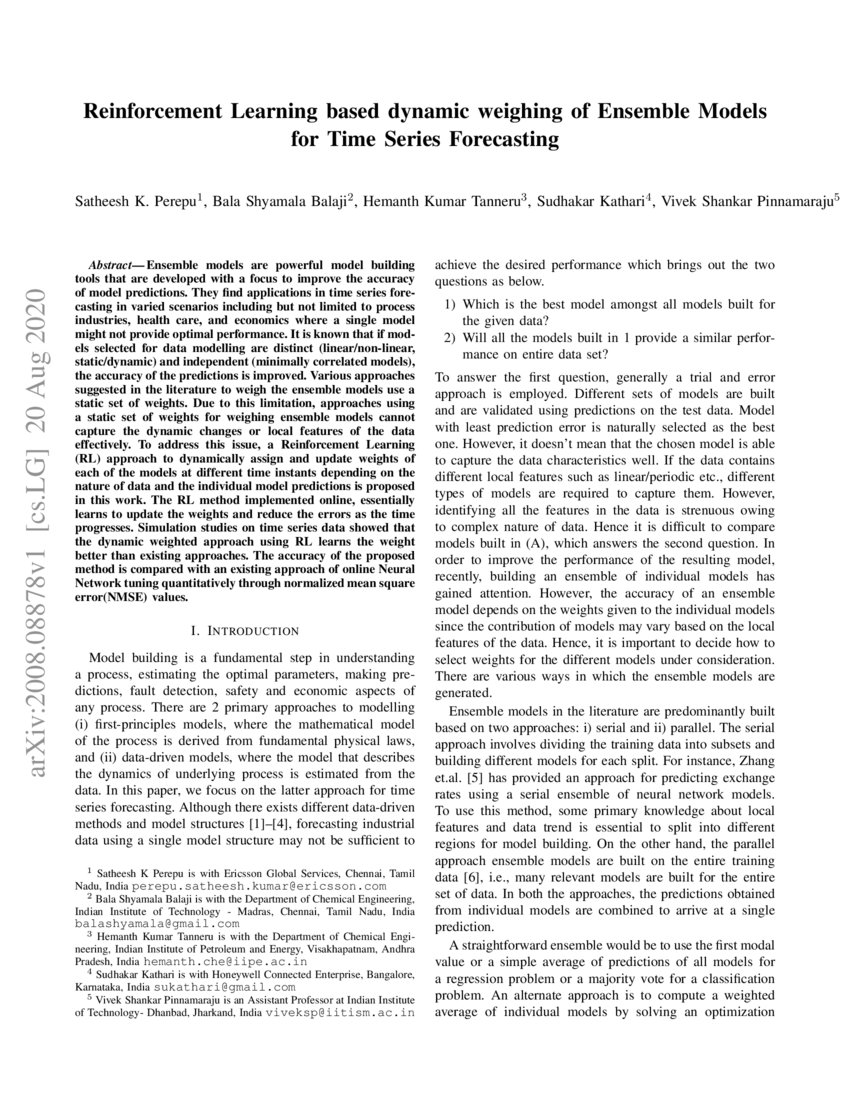 Reinforcement Learning based dynamic weighing of Ensemble Models for Time Series Forecasting ...
