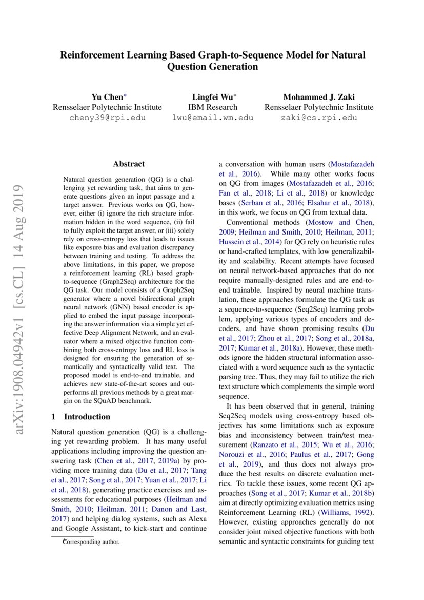 Reinforcement Learning Based Graph-to-Sequence Model for Natural Question Generation | DeepAI