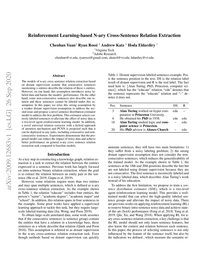 Reinforcement Learning Based N Ary Cross Sentence Relation Extraction