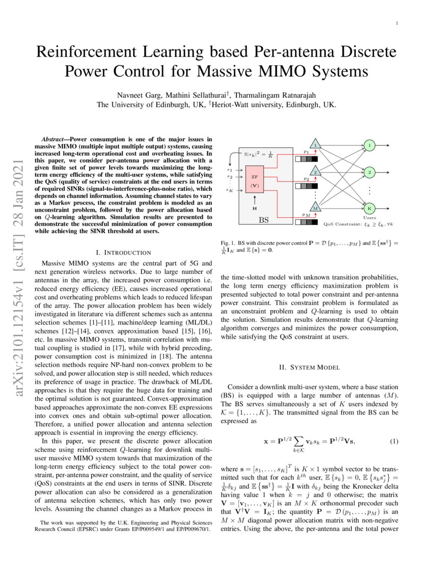 Reinforcement Learning based Per-antenna Discrete Power Control for Massive MIMO Systems | DeepAI