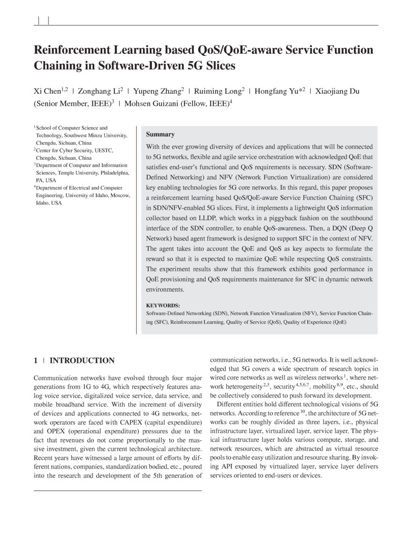 Reinforcement Learning Based Qosqoe Aware Service Function Chaining In Software Driven 5g 