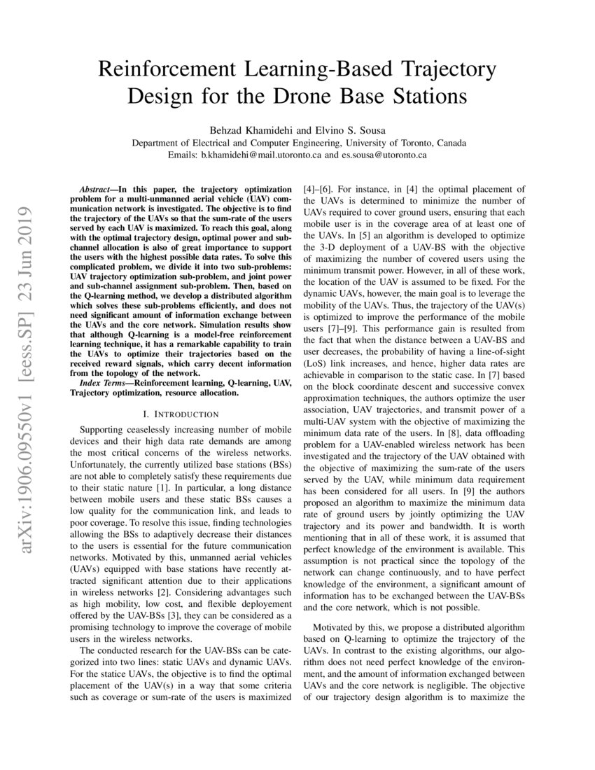 Reinforcement Learning Based Trajectory Design For The Drone Base Stations Deepai