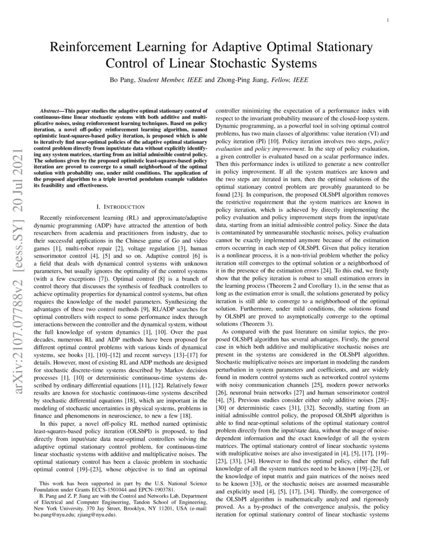 Reinforcement Learning For Adaptive Optimal Stationary Control Of Linear Stochastic Systems Deepai