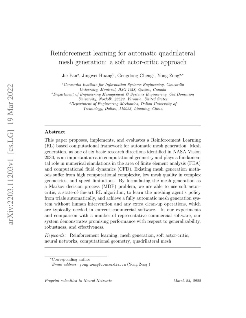 Reinforcement Learning For Automatic Quadrilateral Mesh Generation A Soft Actor Critic Approach
