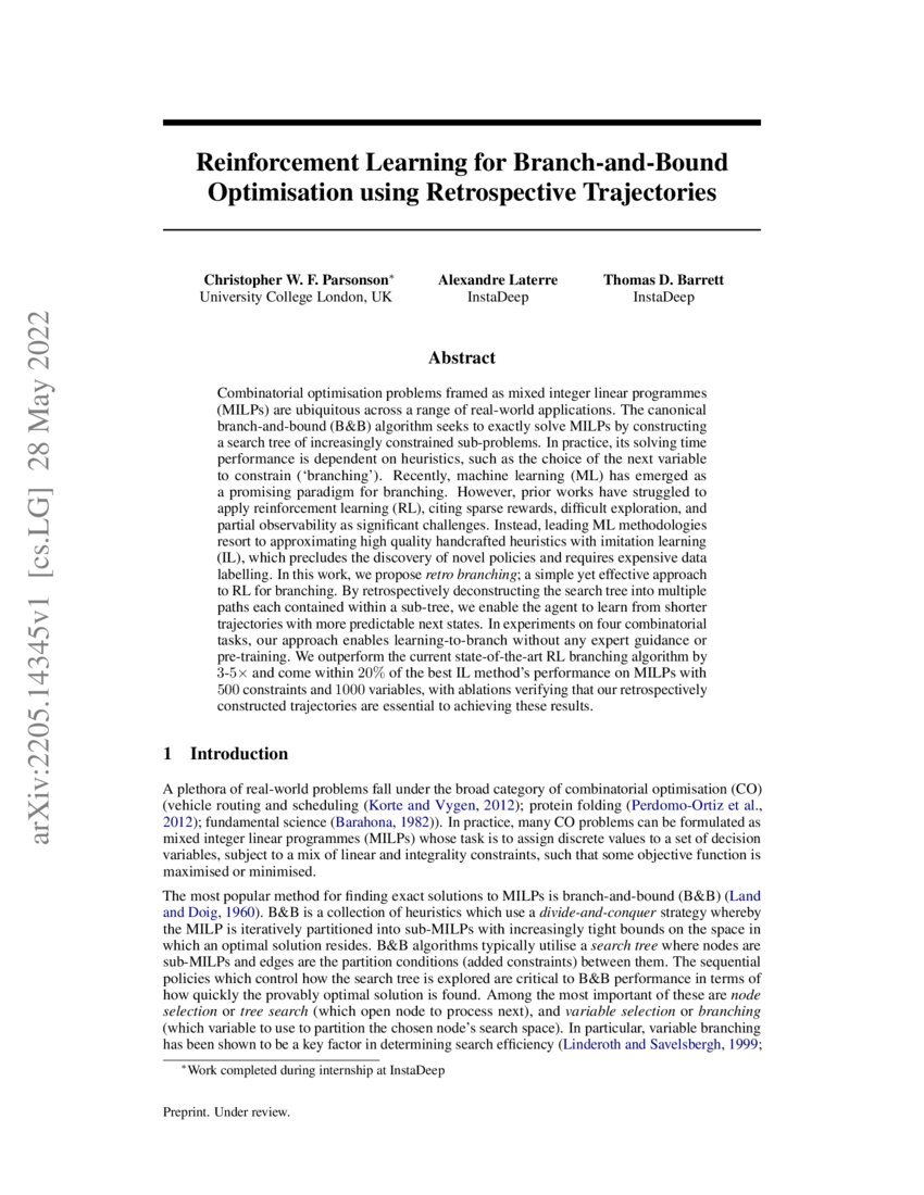 Reinforcement Learning For Branch And Bound Optimisation Using