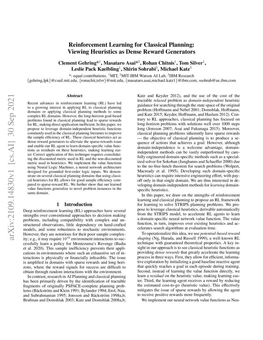 Reinforcement Learning for Classical Planning: Viewing Heuristics as Dense Reward Generators ...