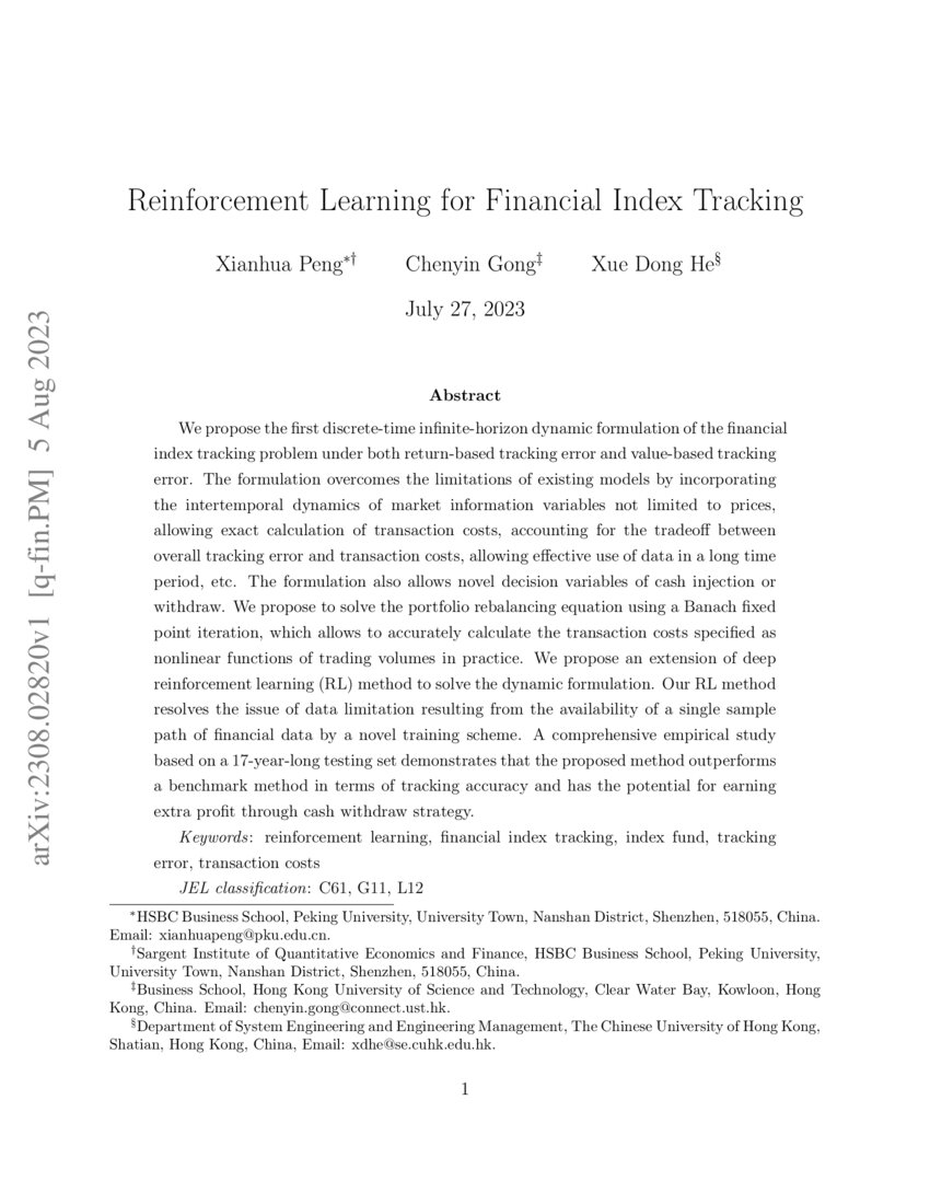 Reinforcement Learning For Financial Index Tracking Deepai