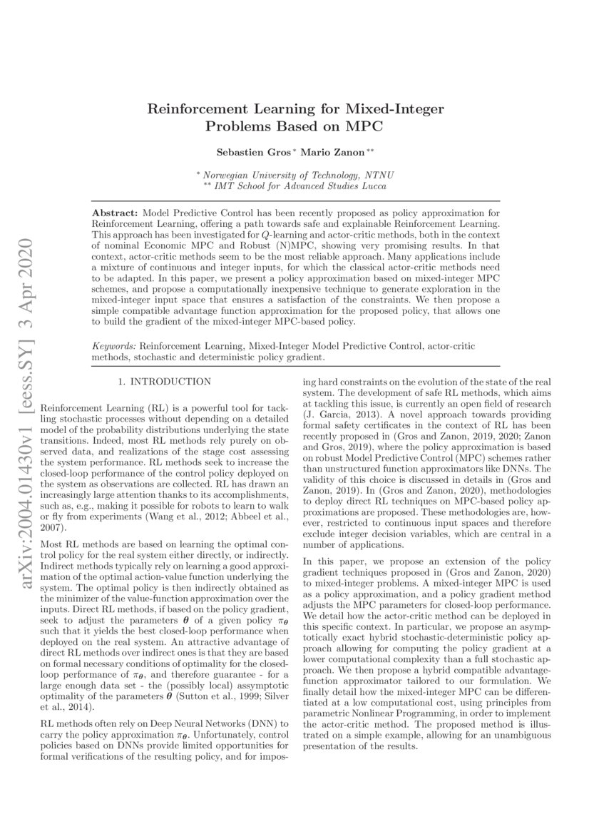 Reinforcement Learning For Mixed Integer Problems Based On Mpc Deepai 