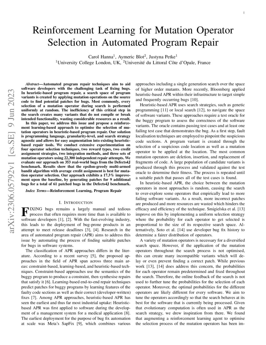 Reinforcement Learning For Mutation Operator Selection In Automated Program Repair Deepai