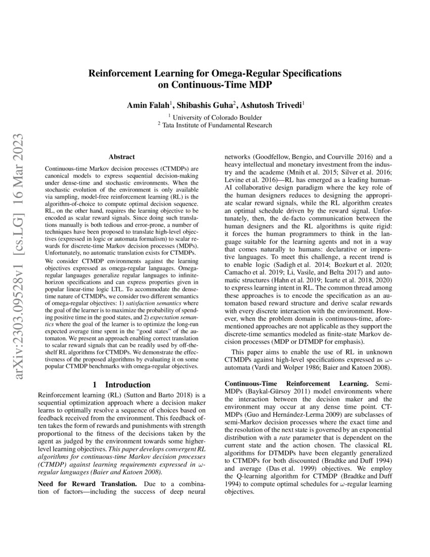 Reinforcement Learning for Omega-Regular Specifications on Continuous-Time MDP | DeepAI