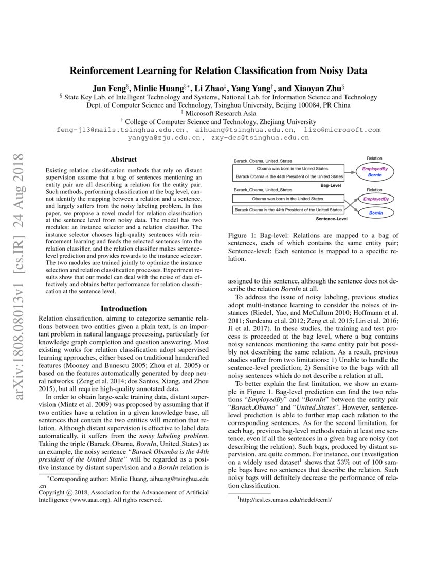 Reinforcement Learning for Relation Classification from Noisy Data | DeepAI