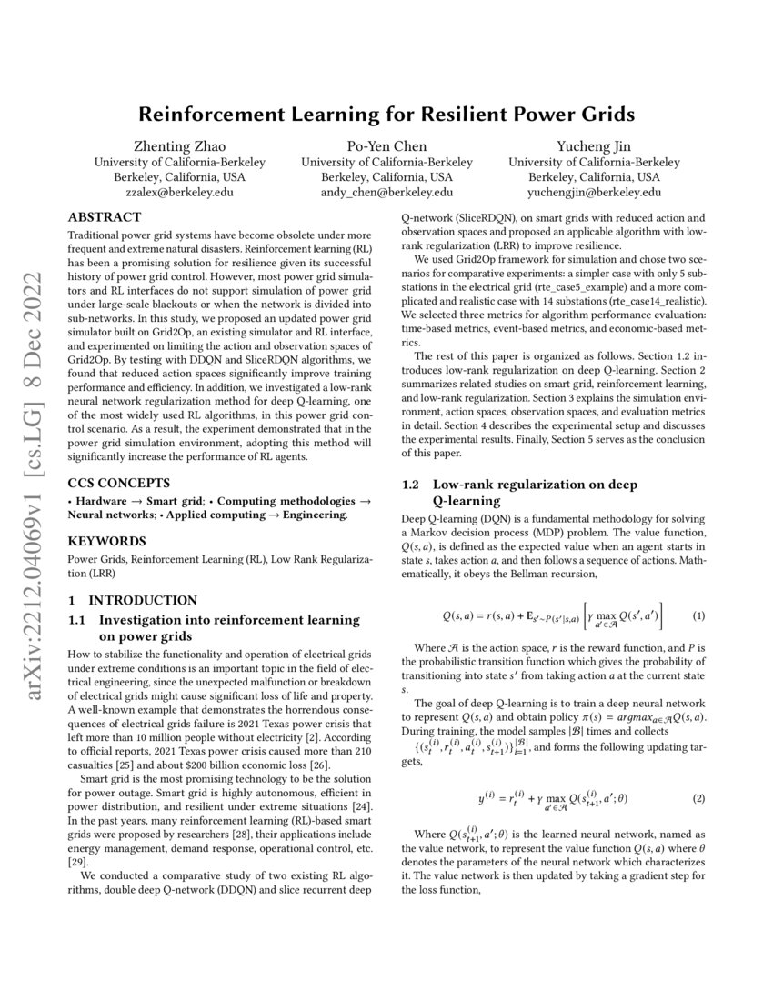 Reinforcement Learning for Resilient Power Grids | DeepAI