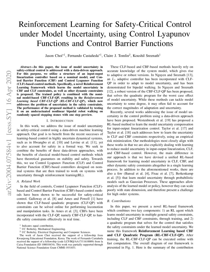 Reinforcement Learning for Safety-Critical Control under Model Uncertainty, using Control ...