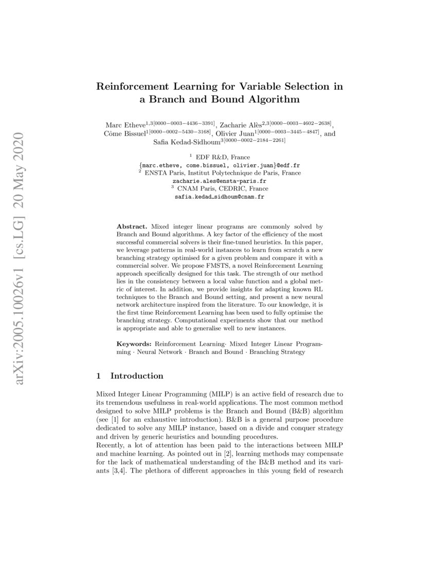 Reinforcement Learning For Variable Selection In A Branch And Bound