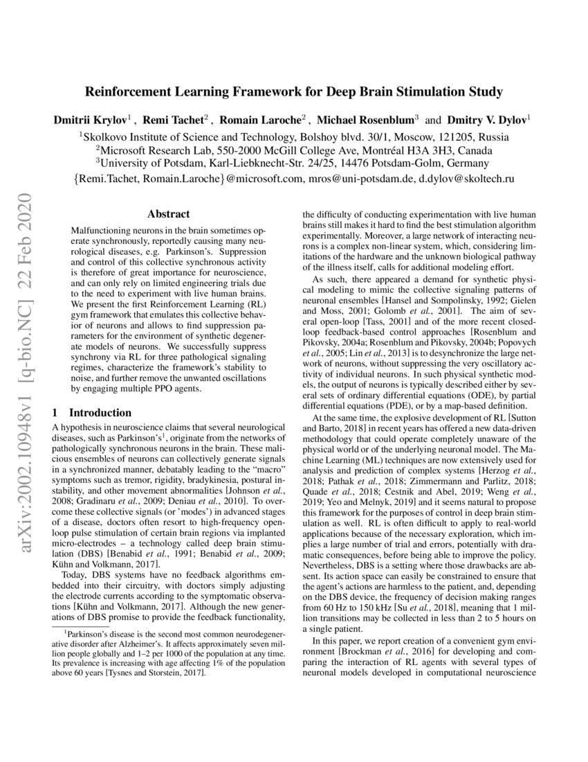 Reinforcement Learning Framework for Deep Brain Stimulation Study | DeepAI