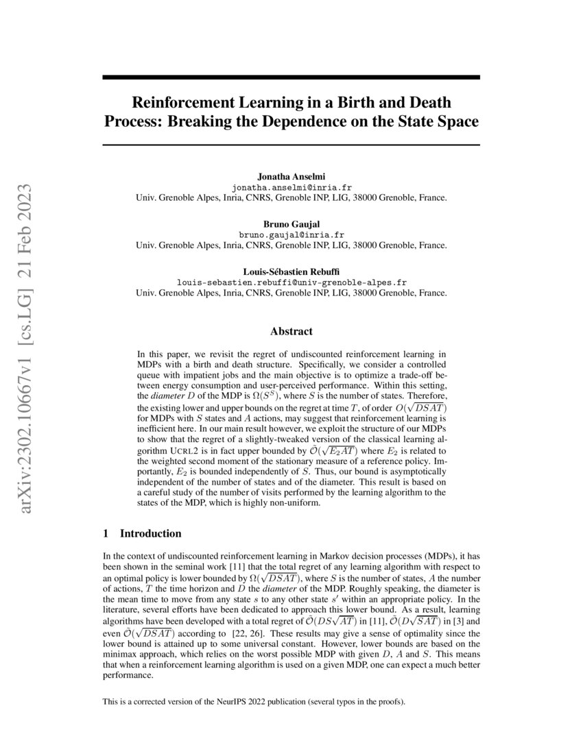 Reinforcement Learning In A Birth And Death Process Breaking The Dependence On The State Space