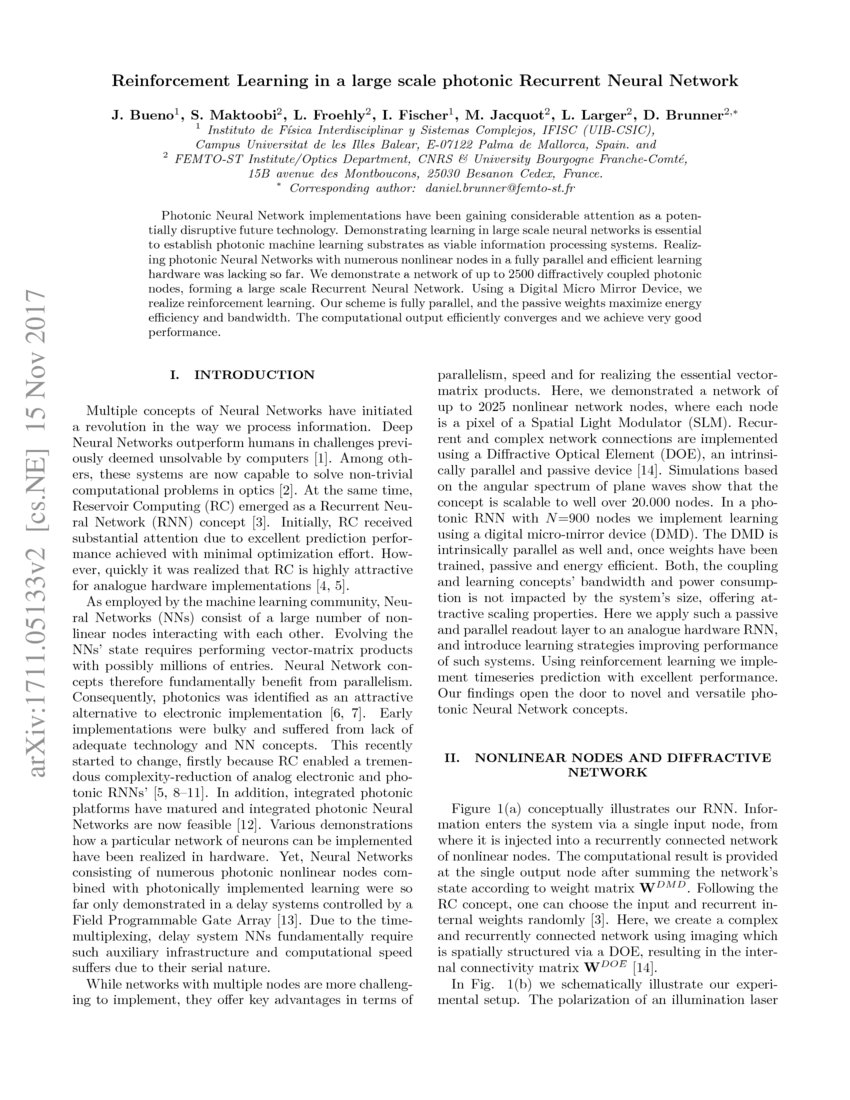 Reinforcement Learning in a large scale photonic Recurrent Neural Network | DeepAI