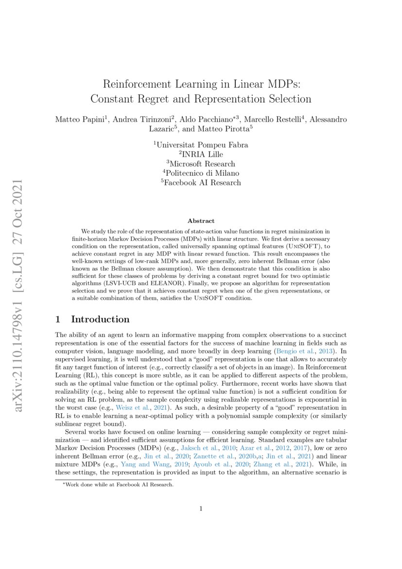 Reinforcement Learning in Linear MDPs: Constant Regret and Representation Selection | DeepAI