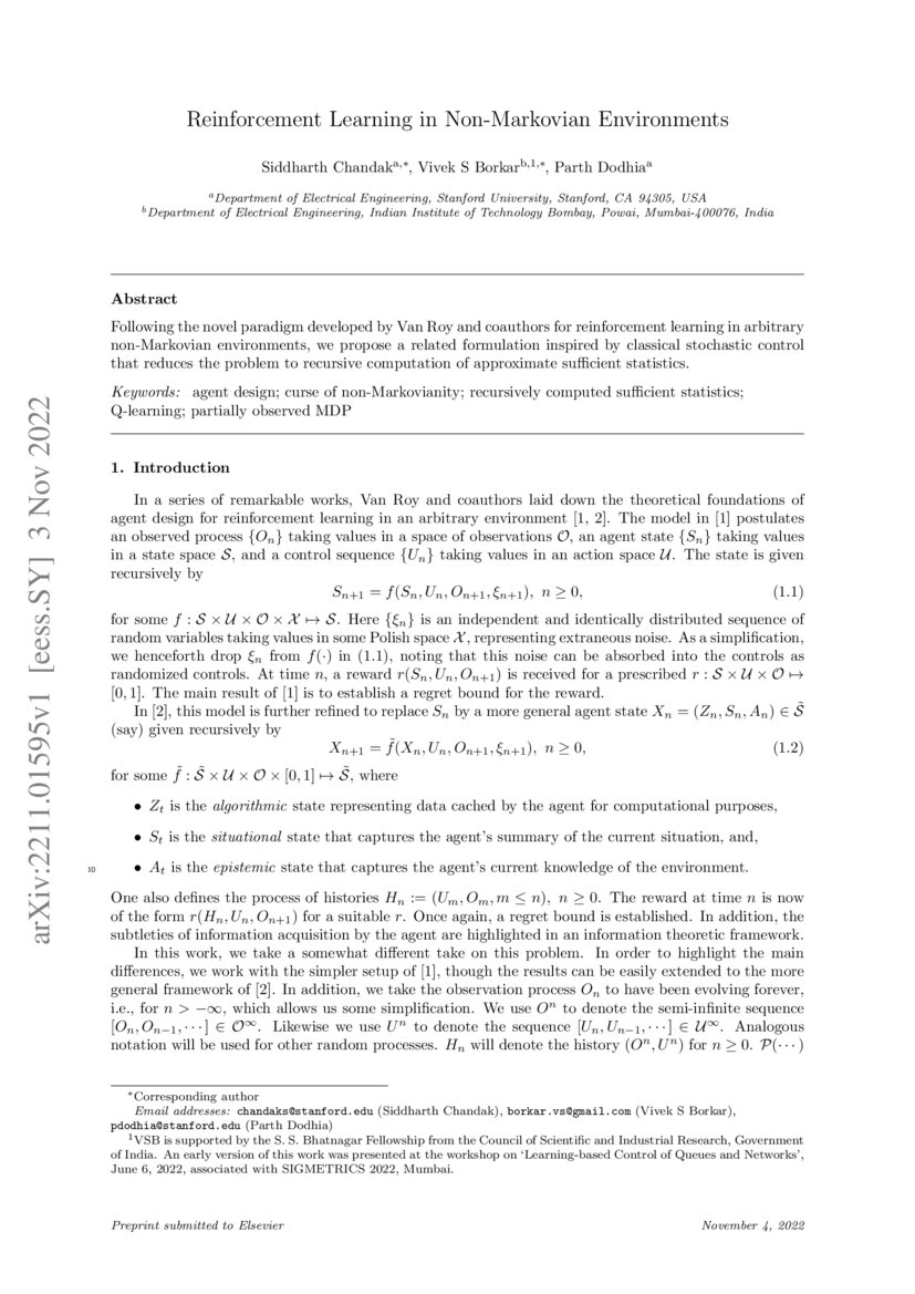 Reinforcement Learning In Non Markovian Environments Deepai