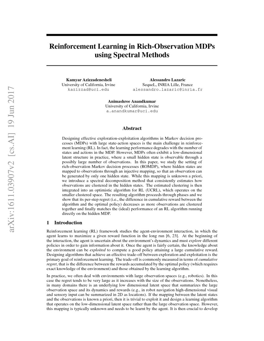 Reinforcement Learning In Rich Observation Mdps Using Spectral Methods