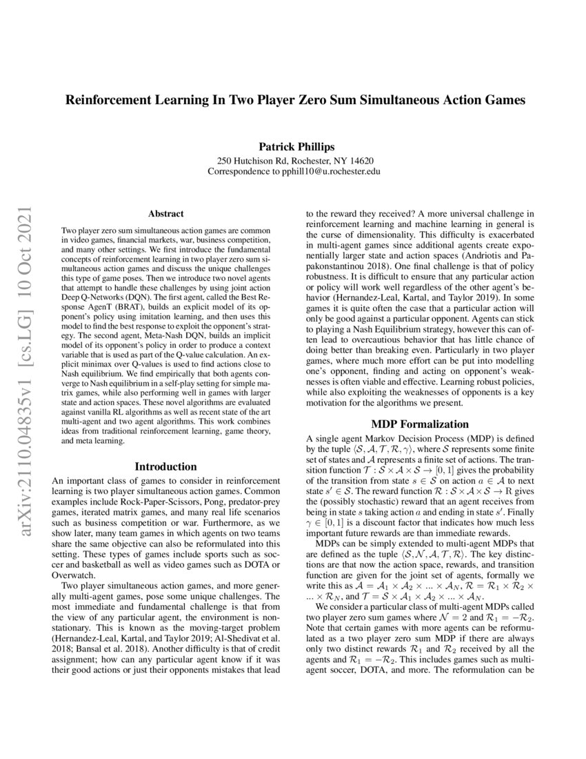 Reinforcement Learning In Two Player Zero Sum Simultaneous Action Games Deepai 