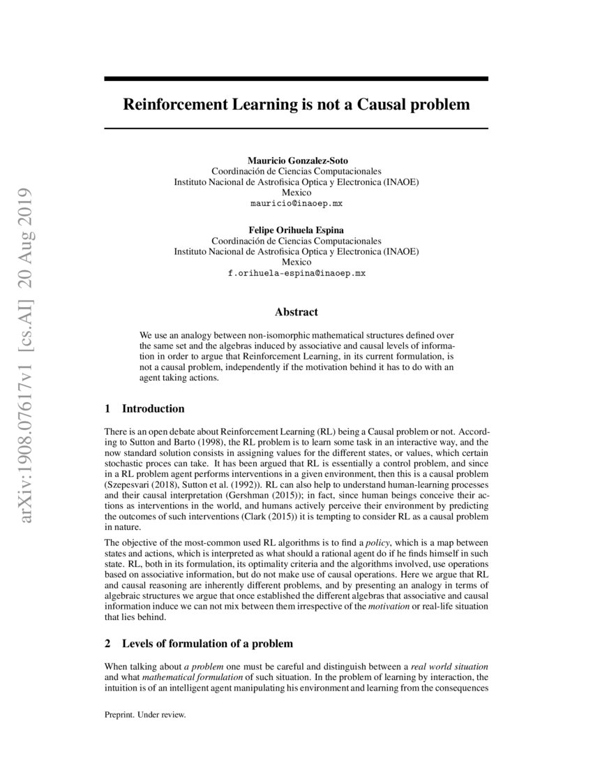 Reinforcement Learning is not a Causal problem | DeepAI Reinforcement Learning is not a Causal problem | DeepAI