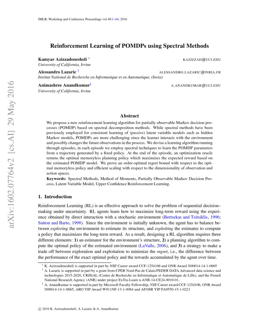 Reinforcement Learning Of Pomdps Using Spectral Methods Deepai
